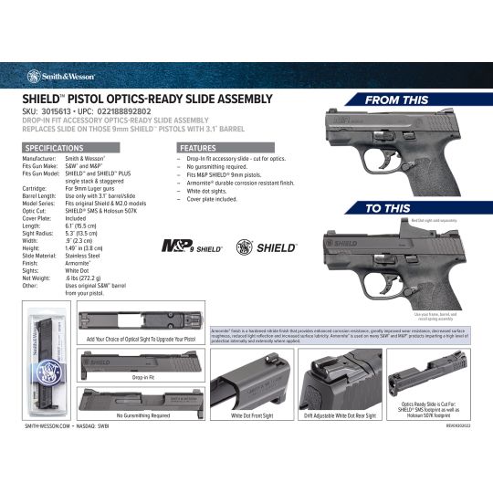 S&W Shield/Shield Plus Optic-Ready Slide 9mm Black Armornite Steel